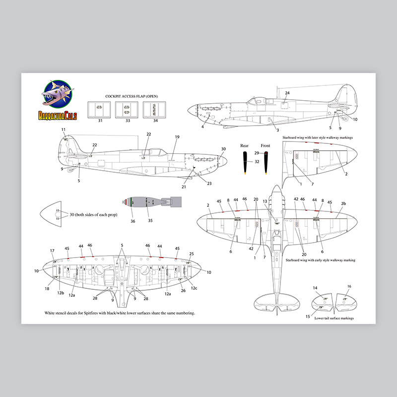 BC48374 Spitfire Early Mark Airframe Stencils - 1/48 – Barracuda Studios